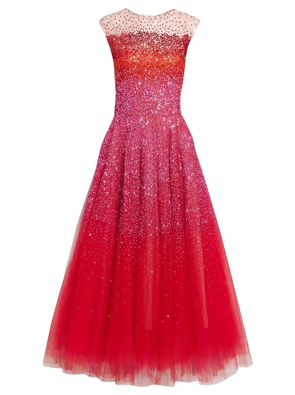 Oscar De La Renta Dégradé Sequined Tulle Maxi Dress - Red