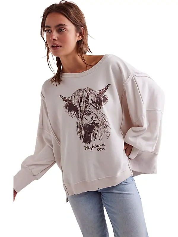 Free People We The Free Graphic Camden Pullover - Highland Cow Combo