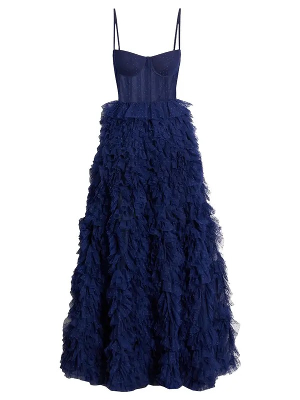 Marchesa Ruffled Point D'esprit Gown - Navy