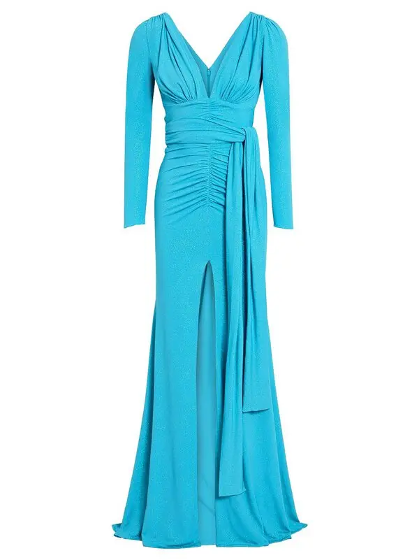 RHEA COSTA Ruched Glittered Jersey Gown - Azure