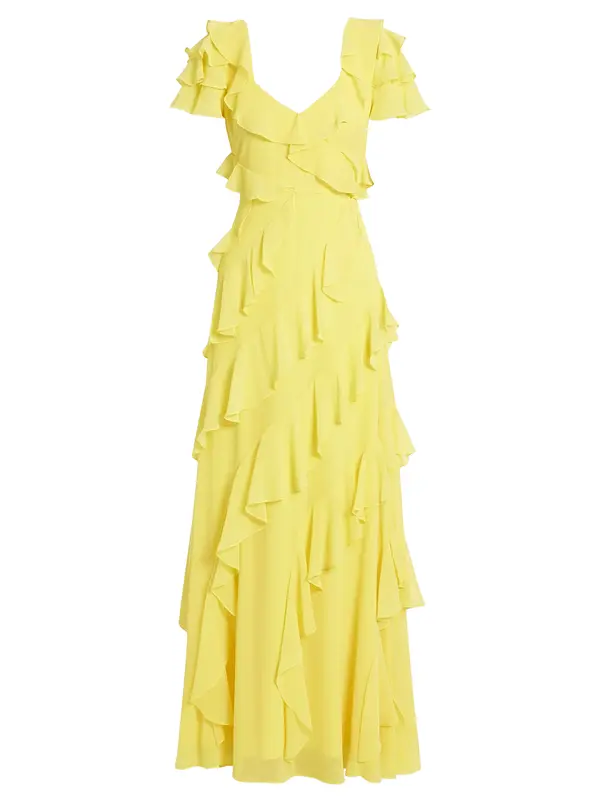 Badgley Mischka Crepe Ruffled Maxi Dress - Yellow
