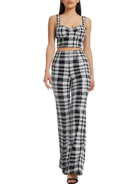 Dress The Population Plaid Bustier Crop Top & Wide Leg Pants Set - Black-white