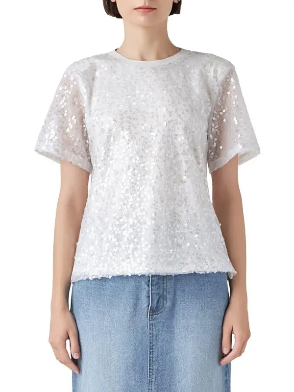 GREY LAB Sequin Top With Padded Shoulders - White