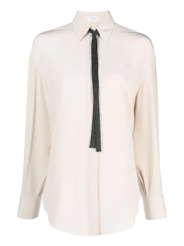 Brunello Cucinelli Beaded-tie Silk Shirt - Neutrals