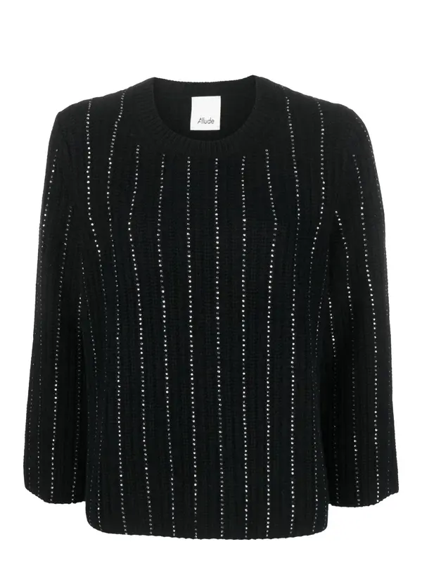 ALLUDE Rhinestone-stripes Ribbed-knit Jumper - Black