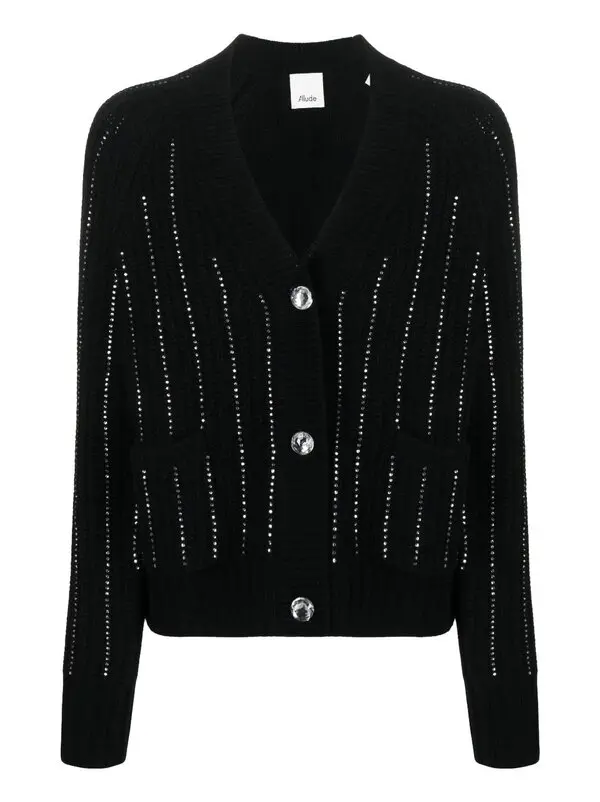 ALLUDE Rhinestone-stripes Wool-blend Cardigan - Black