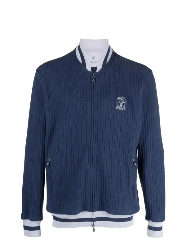 Brunello Cucinelli Logo-embroidered Ribbed Zip-up Sweatshirt - Blue