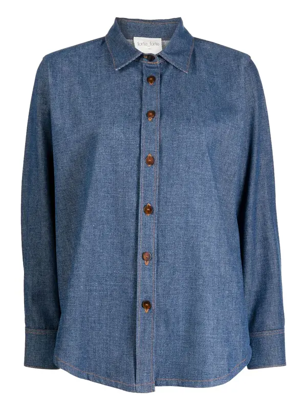 FORTE_FORTE Spread-collar Chambray Shirt - Blue