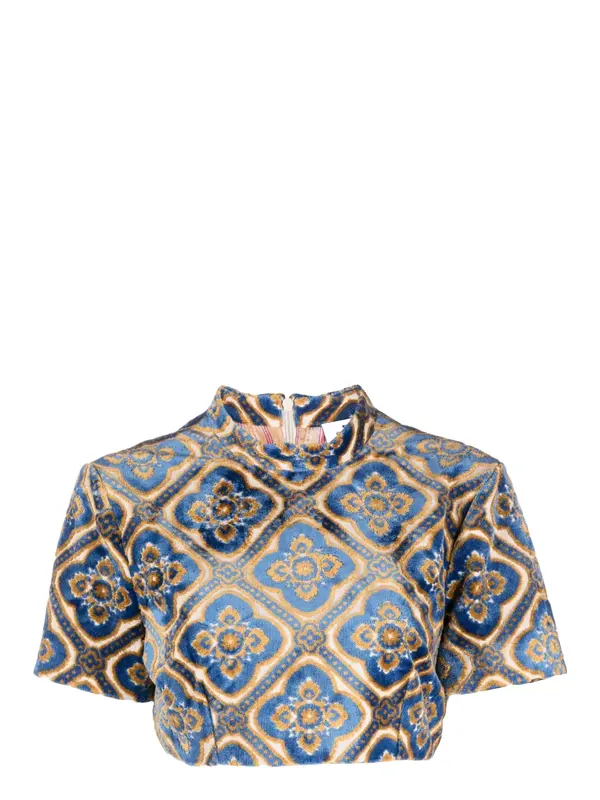 Etro Abstract-print Velvet Crop Top - Blue