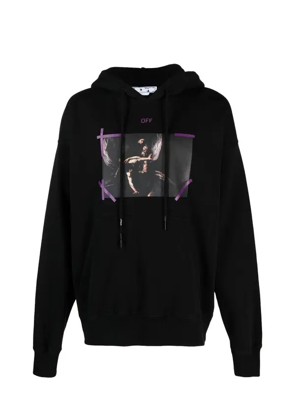 Off-White Cotton Graphic Print Hoodie - Black