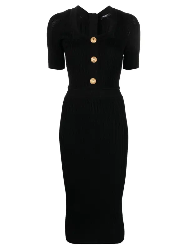 Balmain Button-embellished Ribbed Knit Midi Dress - Black