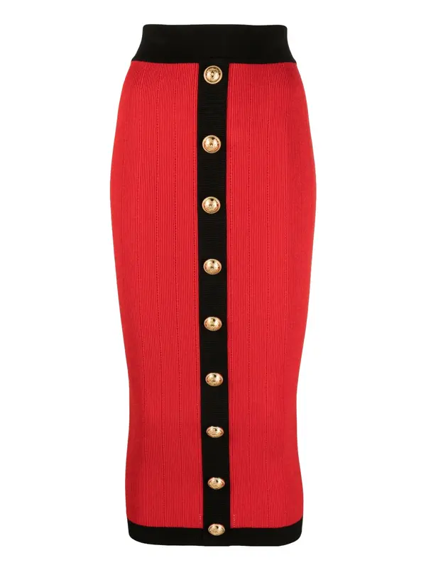 Balmain Buttoned Knit Midi Skirt - Red