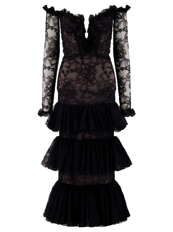 Giambattista Valli Tiered Off-the-shoulder Lace Dress - Black