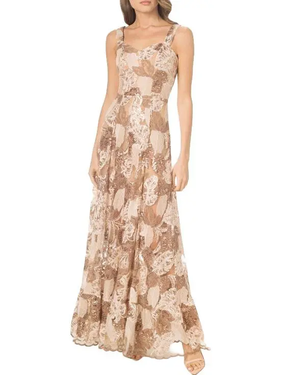 Dress The Population Anabel Embroidered Sequin Gown - Beige Multi