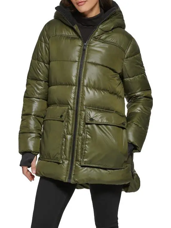 KENNETH COLE Faux Shearling Lined Hooded Puffer Parka Jacket - Loden