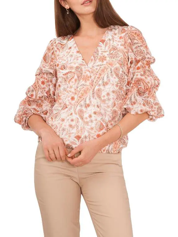 Chaus Cascading Bubble Sleeve Chiffon Top - Ivory/peach/mint