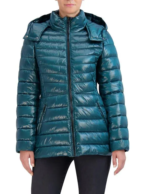 Cole Haan Pearlized Quilted Hooded Puffer Coat - Emerald