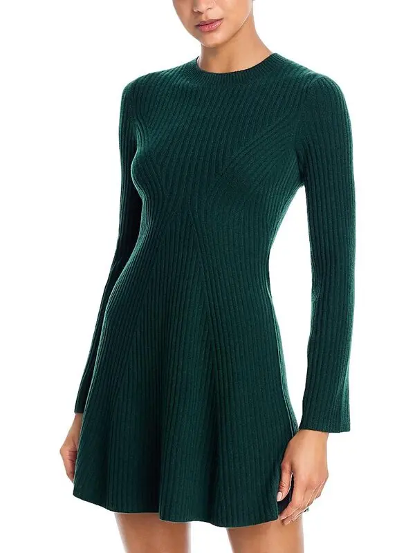 Aqua 100% Cashmere Contour Ribbed Mini Dress - Deep Pine