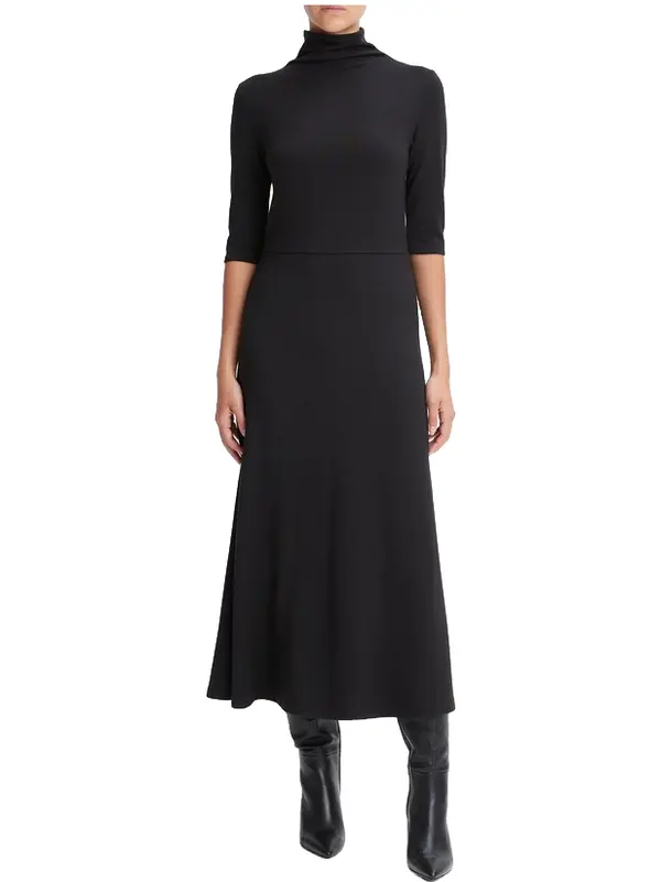 Vince Elbow-sleeve Turtleneck A-line Dress - Black