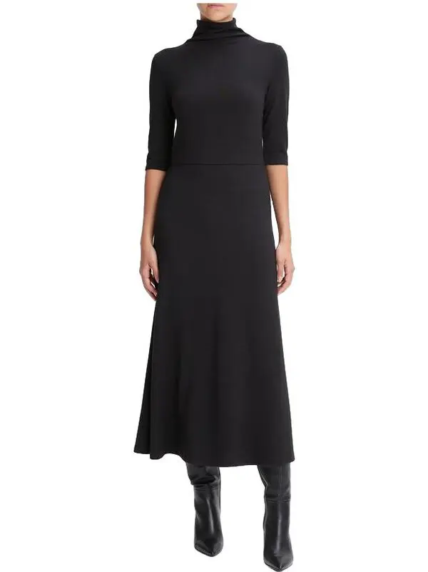 Vince Elbow-sleeve Turtleneck A-line Dress - Black