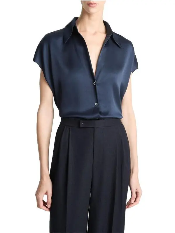 Vince Silk Cap-sleeve Blouse - Black