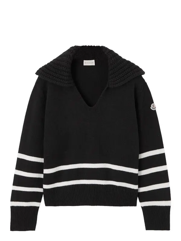 Moncler Appliquéd Striped Wool And Cashmere-blend Sweater - Black