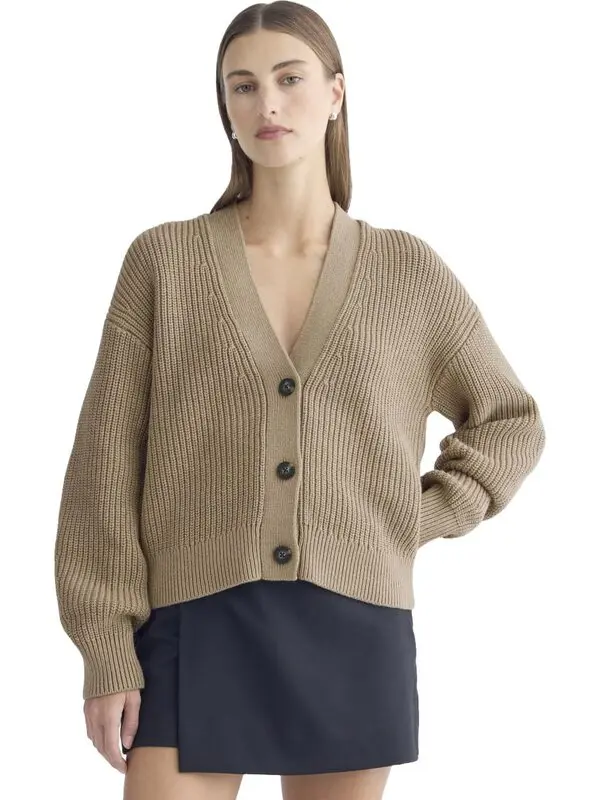 Everlane Boxy Cardigan In Everyday Cotton - Dark Heathered Camel