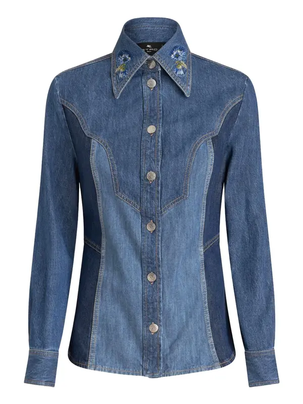 Etro Floral-embroidered Denim Shirt - Blue