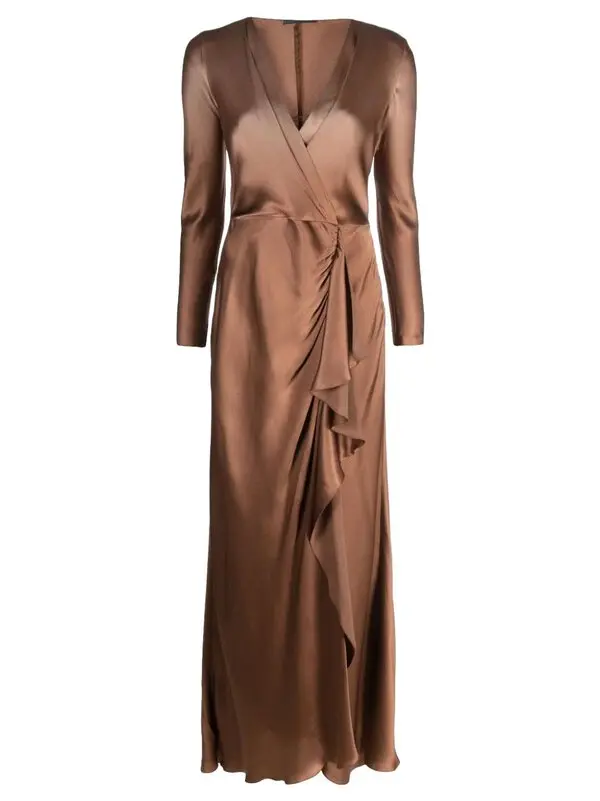 Alberta Ferretti Draped Wrap-effect Satin Maxi Dress - Brown
