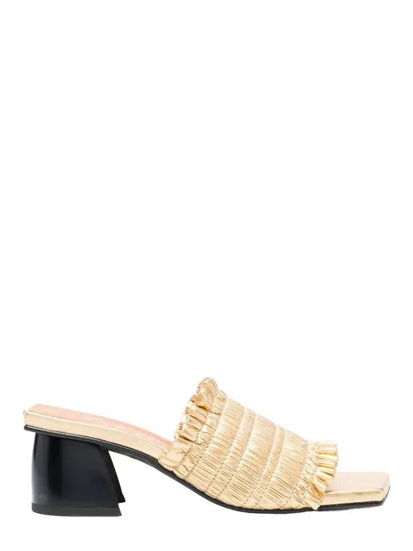 GANNI Smocked Mid Block Heel Sandals - Gold
