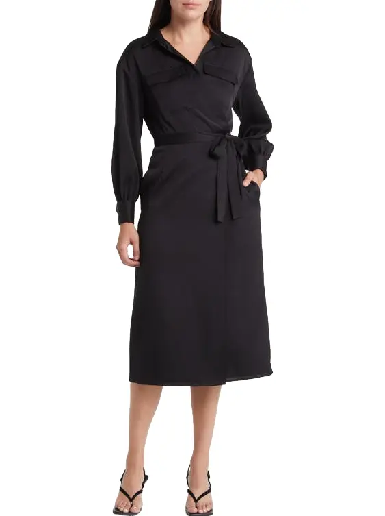 French Connection Harlow Long Sleeve Satin Midi Wrap Dress - 01-blackout