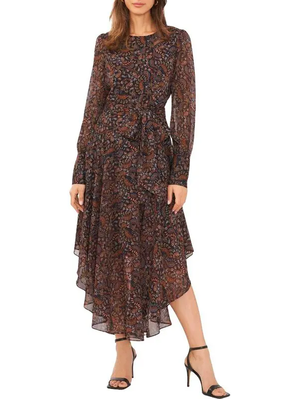 Halogen Print Tie Waist Long Sleeve Maxi Dress - Rich Black
