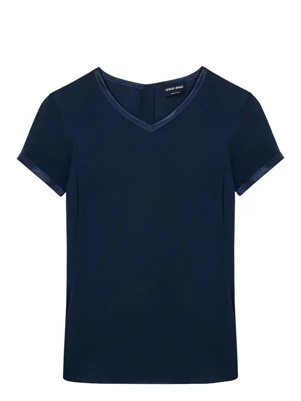 Giorgio Armani Silk Charmeuse V-neck Blouse - Navy Blue