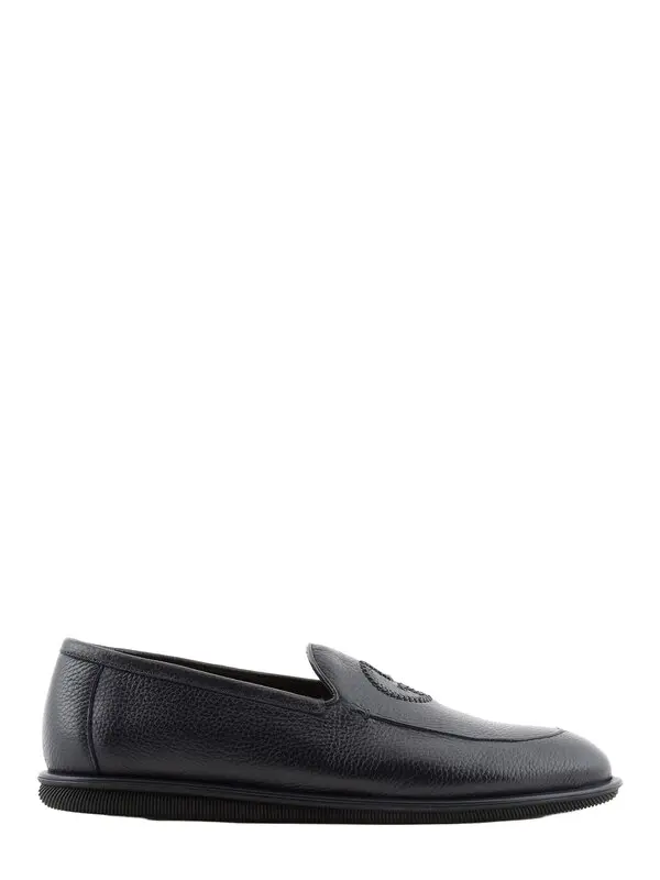 Giorgio Armani Deerskin Loafers With Embroidered Logo - Navy_blue