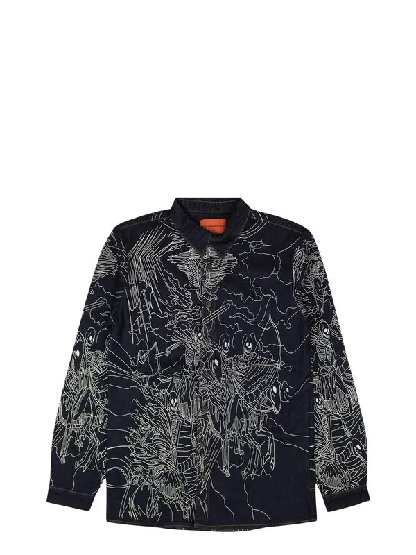 WHO DECIDES WAR BY EV BRAVADO Denim Embroidered Four Horseman Workshirt - Blue