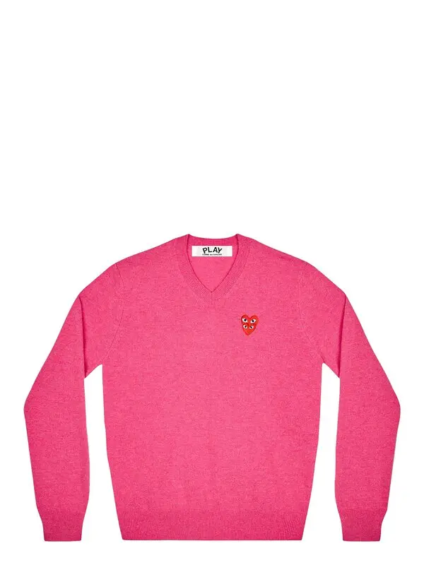 Play Comme Des Garcon Double Heart Logo V-neck Sweater - Pink