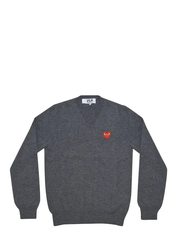 Play Comme Des Garcon Heart Patch V-neck Sweater - Grey