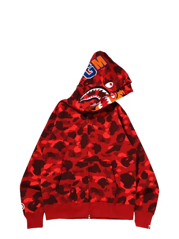 A BATHING APE Color Camo Tiger Shark Full Zip Double Hoodie - Red