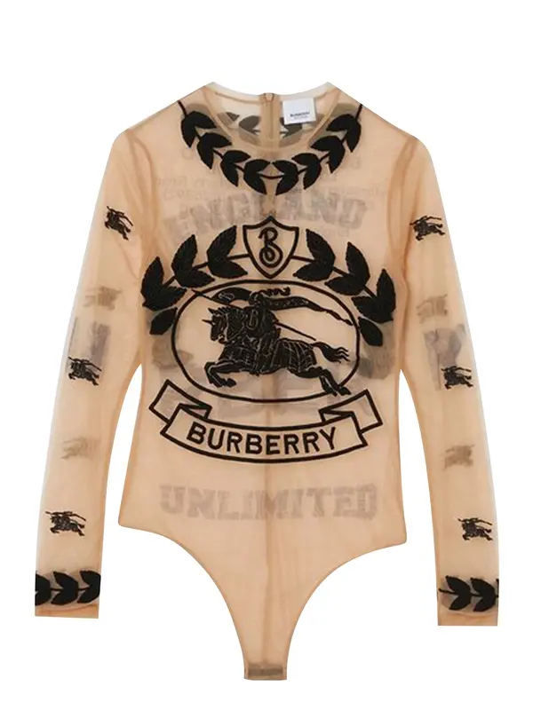 Burberry Embroidered Graphic Logo Mesh Bodysuit - Tan