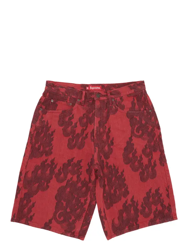 Supreme Flames Jacquard Baggy Denim Shorts - Red