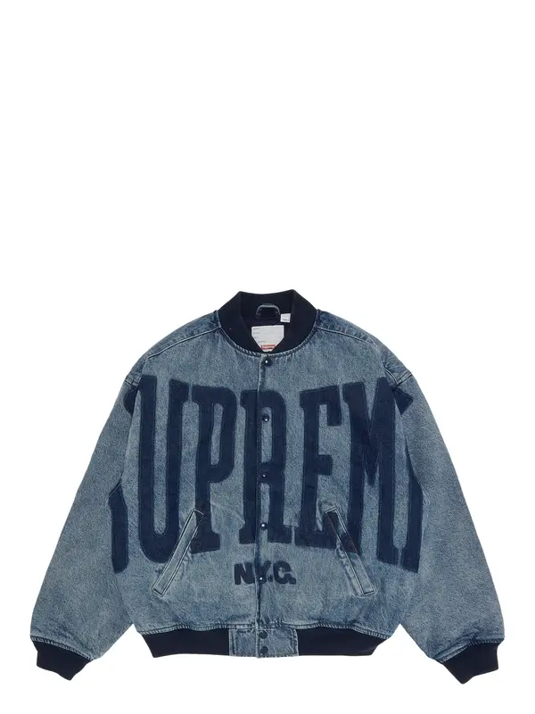 Supreme Washed Knockout Denim Varsity Jacket - Blue