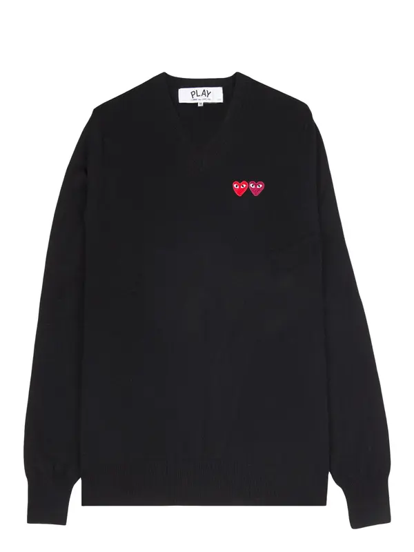 Play Comme Des Garcon Double Heart V-neck Sweater - Black