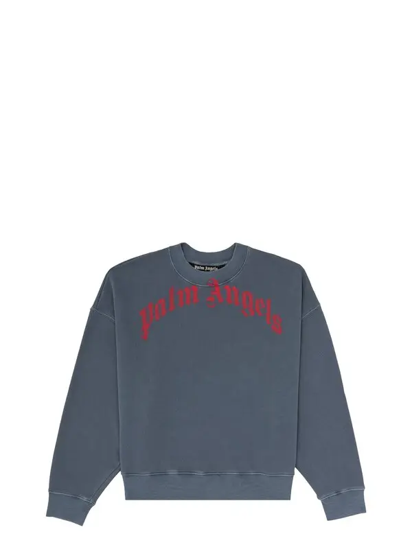 Palm Angels Vintage Wash Curved Logo Crew - Blue