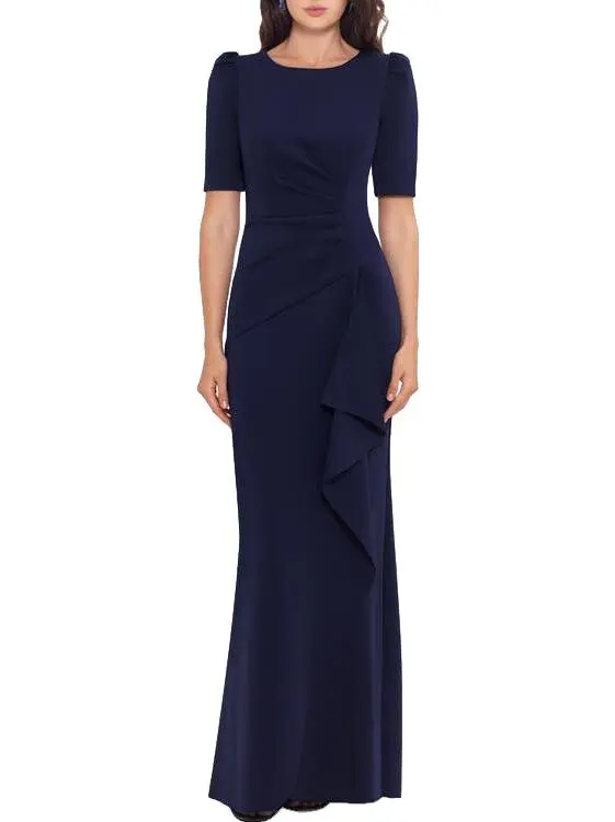 XSCAPE EVENINGS Ruffle Puff Sleeve Gown - Midnight