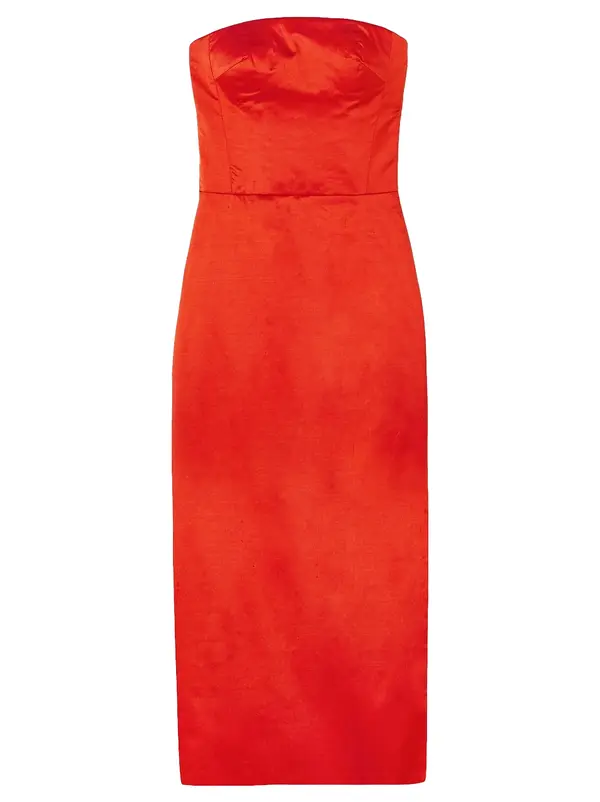 RASARIO Strapless Silk Dupioni Midi Dress - Tomato Red