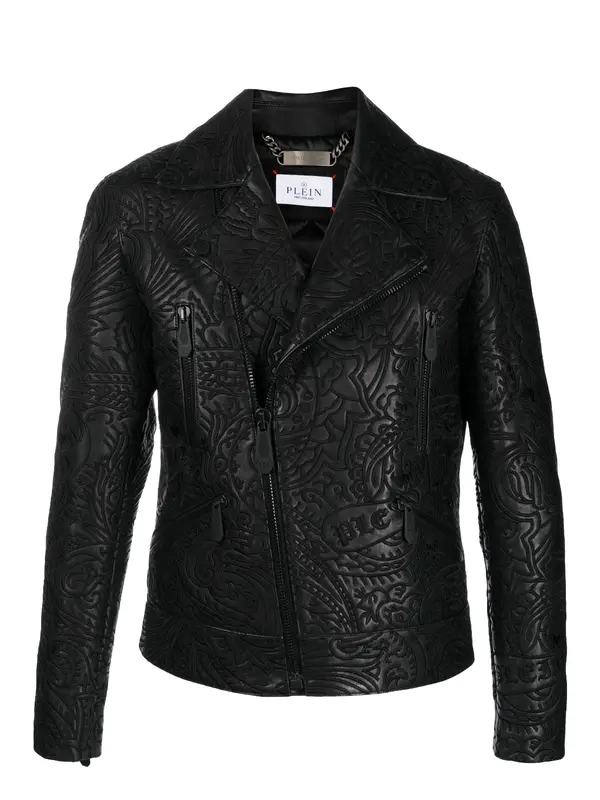 Philipp Plein Paisley-print Leather Biker Jacket - Black