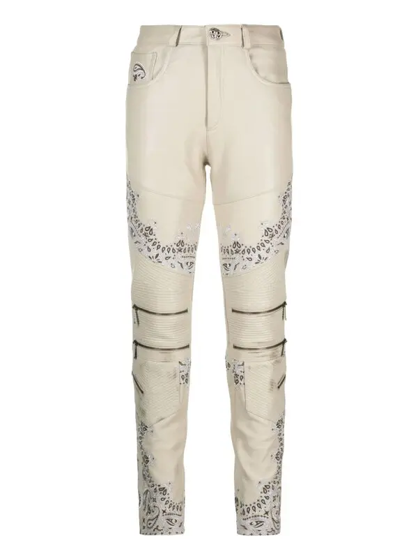 Philipp Plein Bandana-paneling Skinny Leather Trousers - Neutrals
