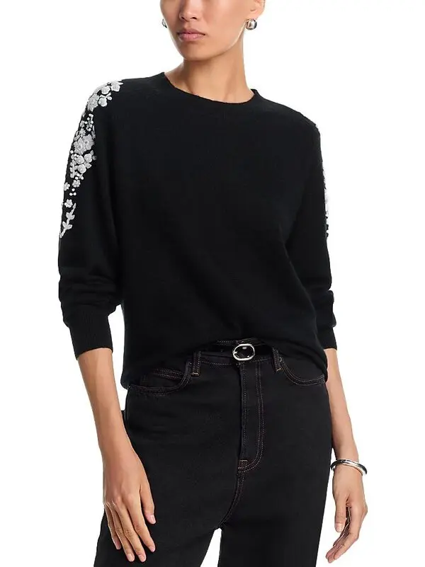 Bloomingdale'S C Embellished Floral Cashmere Sweater - Black