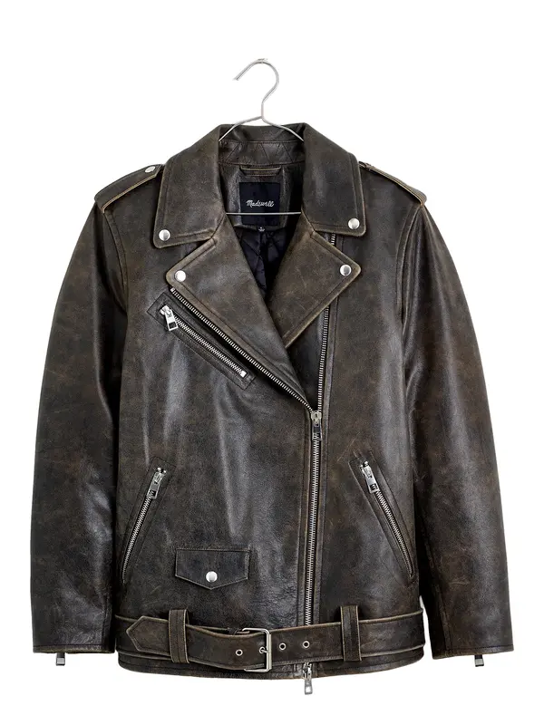 Madewell Distressed Leather Oversized Biker Jacket - Washed Fatigue
