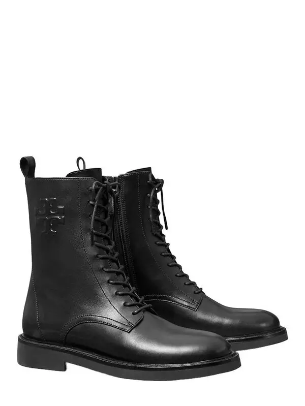 Tory Burch Double T Leather Combat Boots - Perfect Black